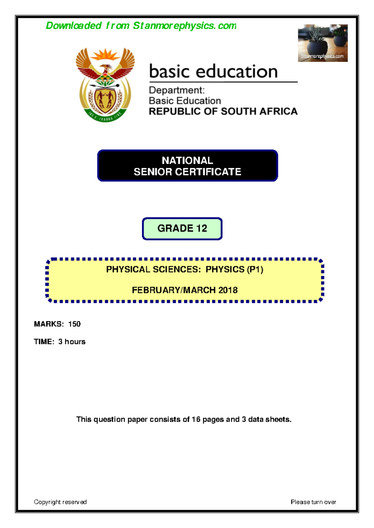 Physical Sciences grade 12 Feb March 2018 P1 and Memo - MARKS: 150 TIME ...