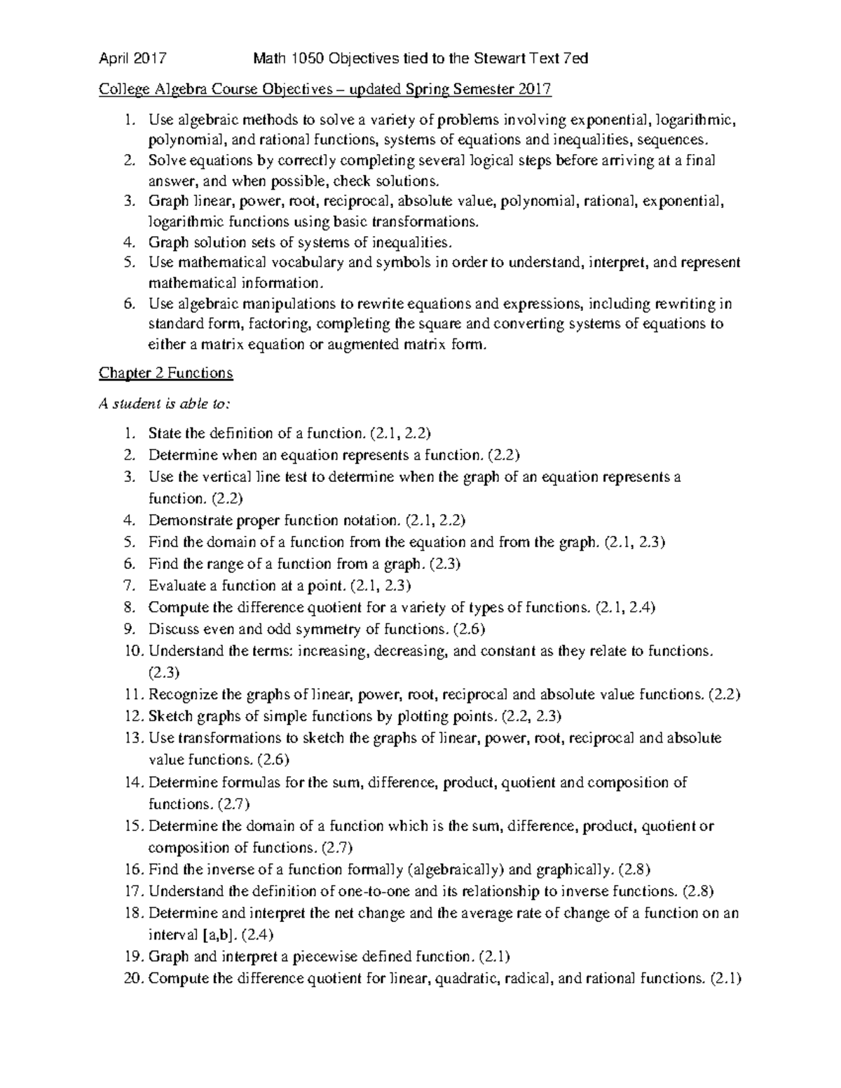 Algebra Syllabus - April 2017 Math 1050 Objectives tied to the Stewart ...