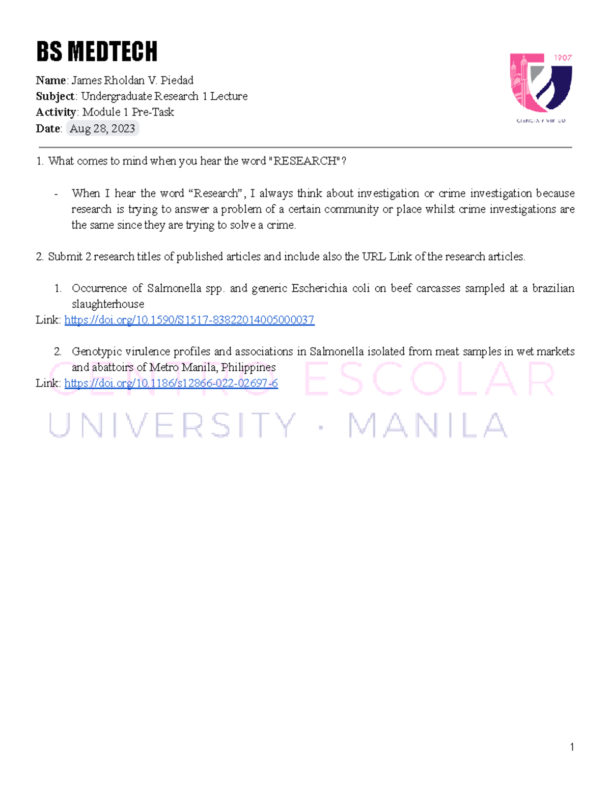 M1 Pretask - This is a coursework in a minor subject. - BS MEDTECH Name ...