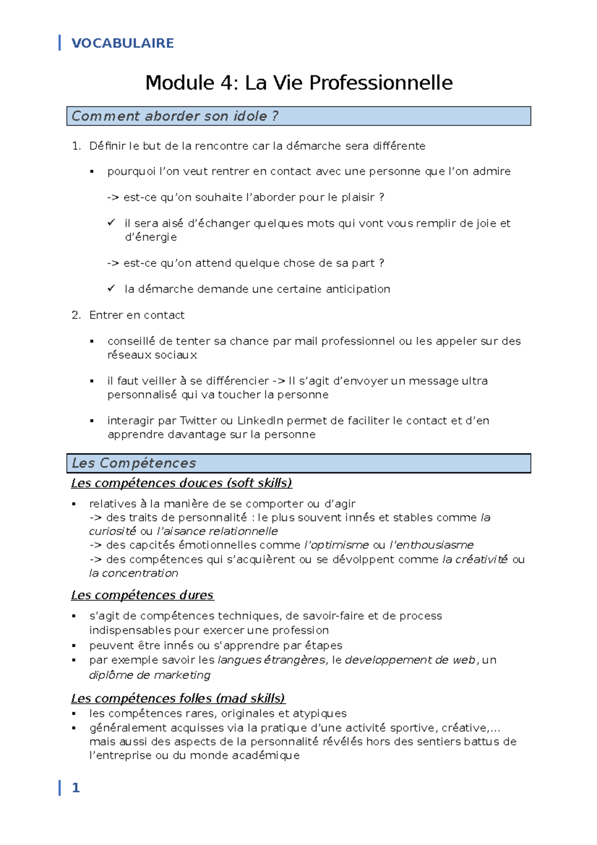 Vocabulaire - Module 4: La Vie Professionnelle Comment aborder son ...