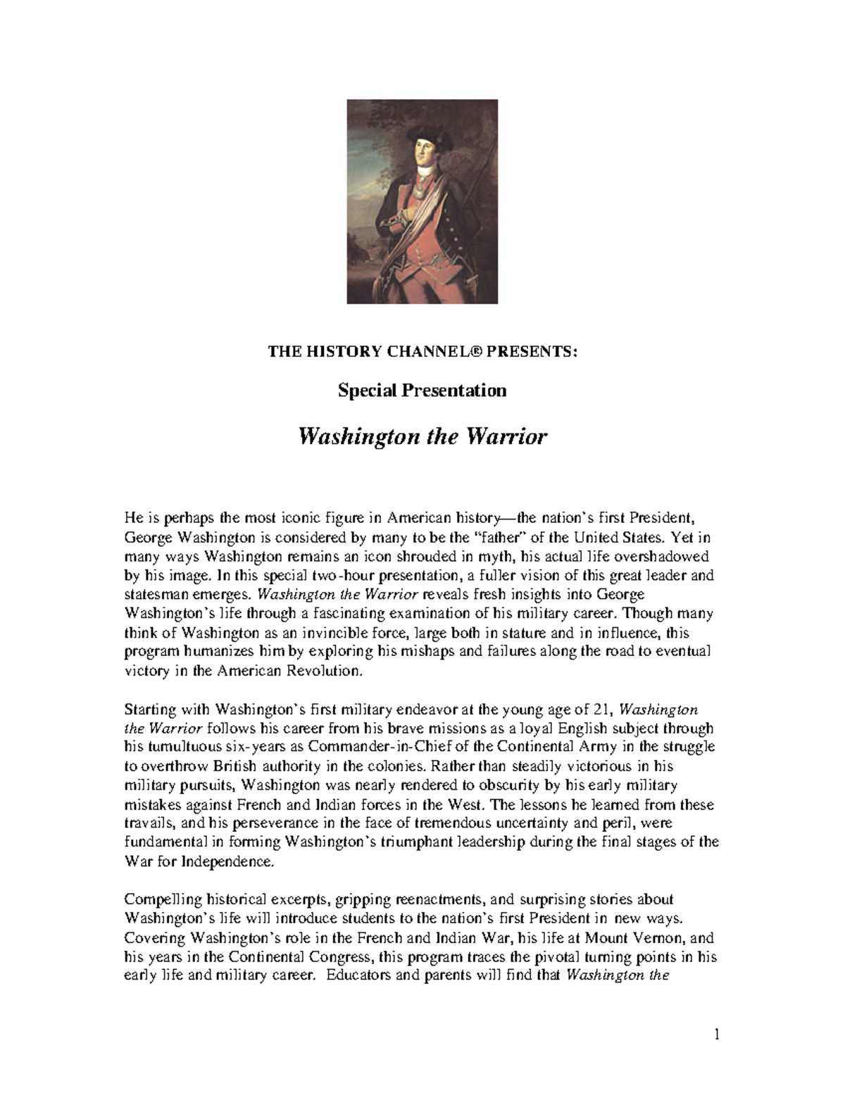 Washingtonthewarrior study guide - THE HISTORY CHANNEL® PRESENTS ...