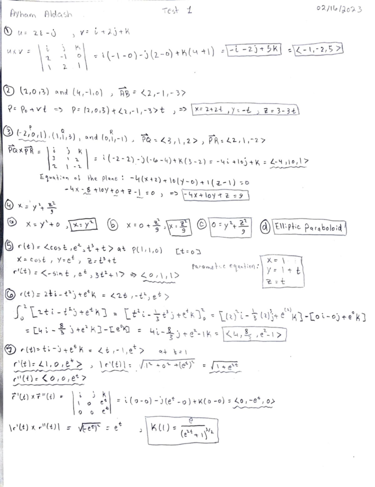 Calc III Sample Test 1 Spring 2023 - AV1r. c.."" A\d-c.. ,.J, (S) U= 2 ...
