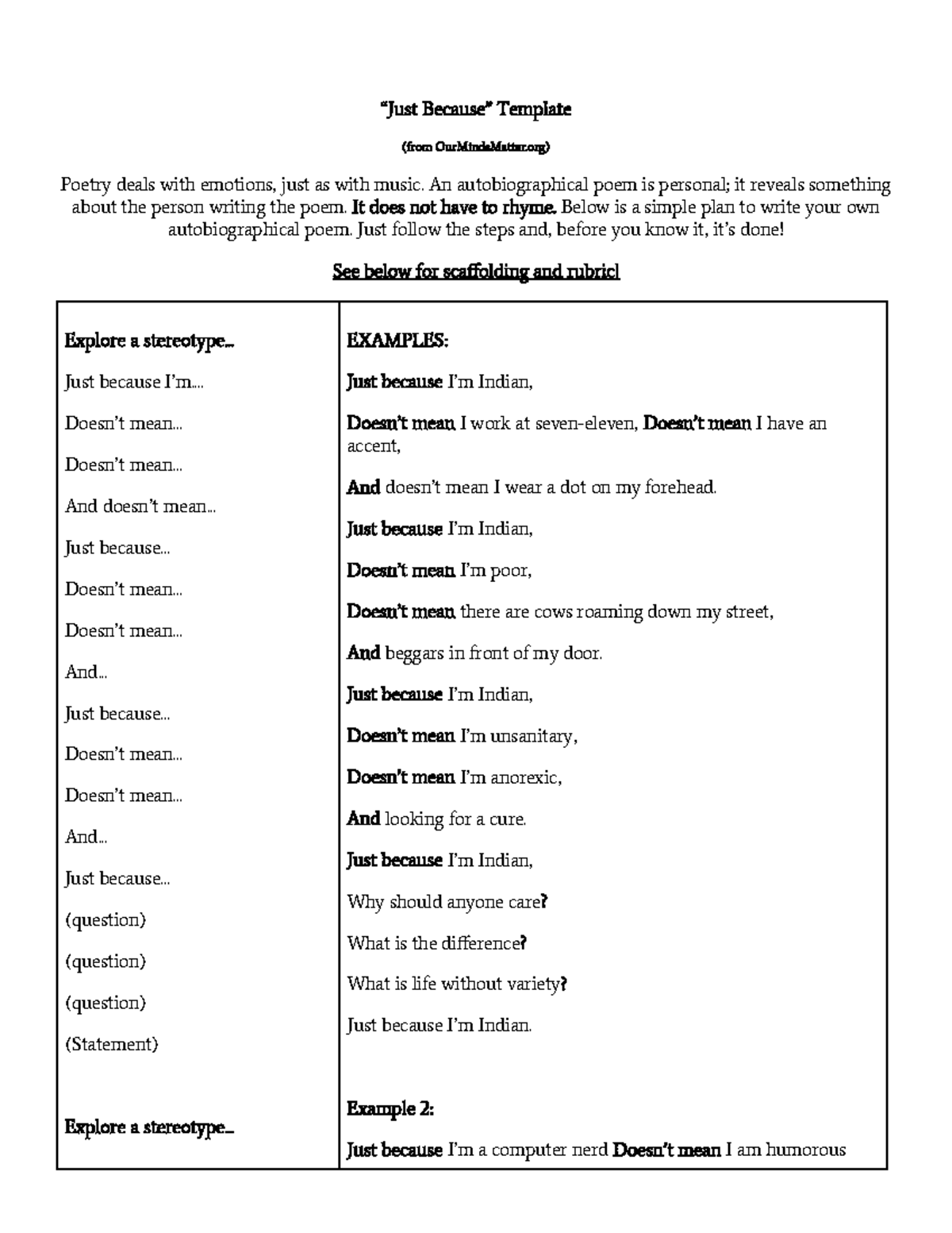 “Just Because” Poem - “Just Because” Template (from OurMindsMatter ...