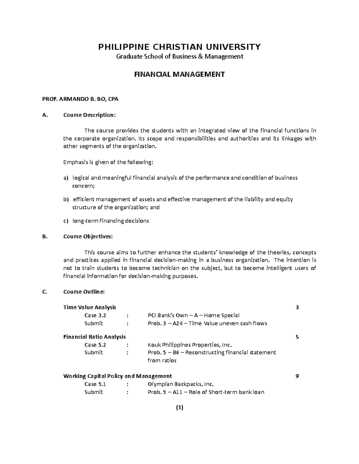 Syllabus - Financial Management extension april 2017 - PHILIPPINE ...