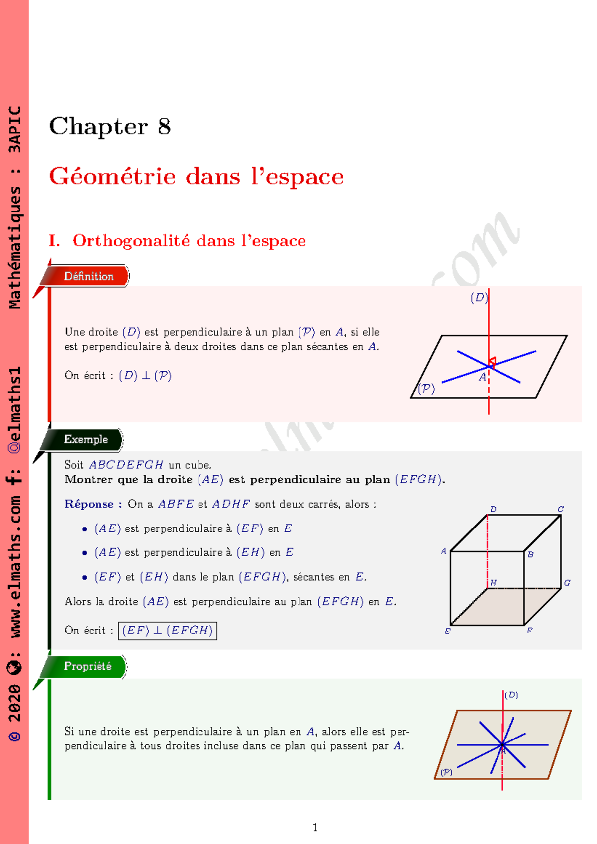 Ch 8 Géométrie dans l’espace - © 2020 : elmaths : @ elmaths Mathématiques : 3APIC elmaths ...
