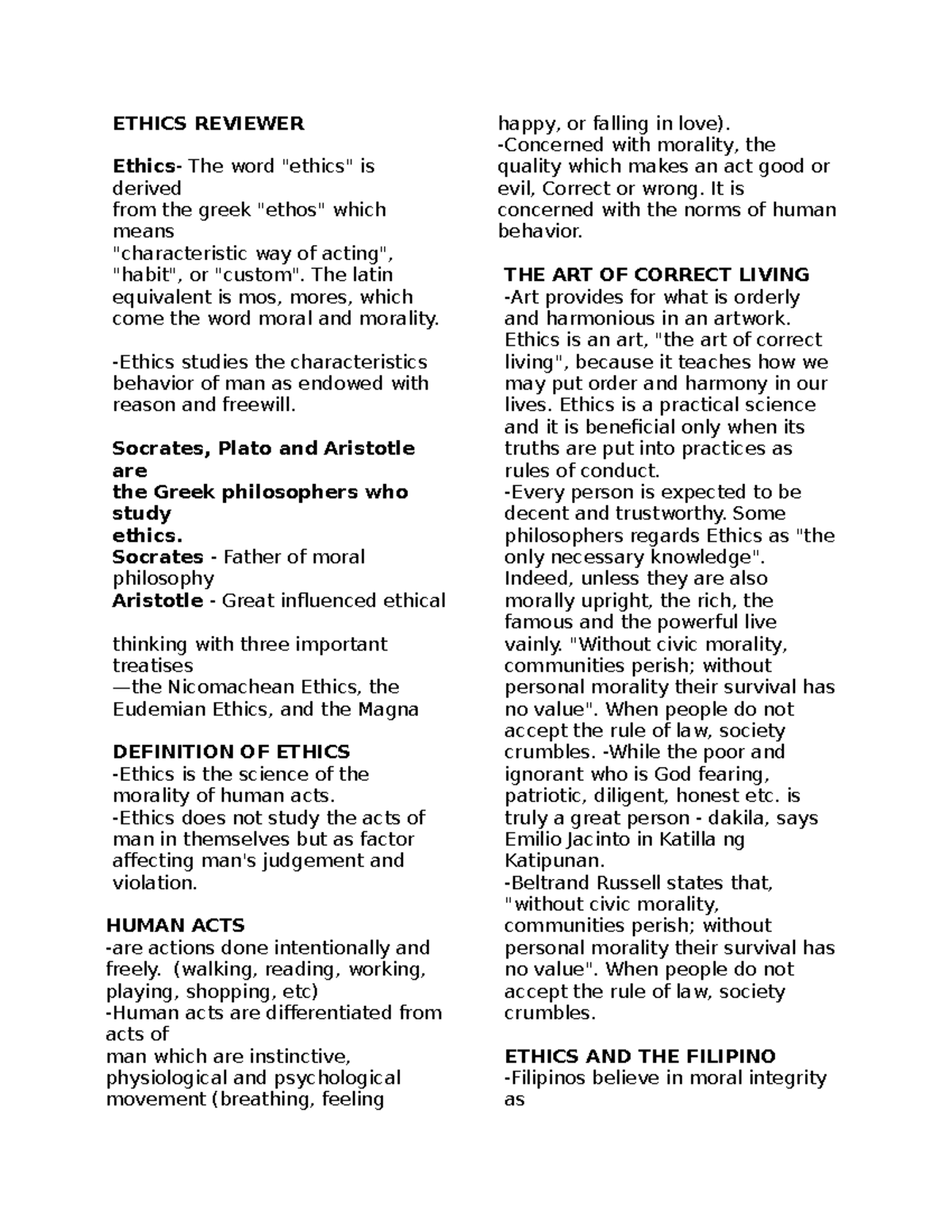 Ethics Reviewer - hey - ETHICS REVIEWER Ethics- The word "ethics" is ...