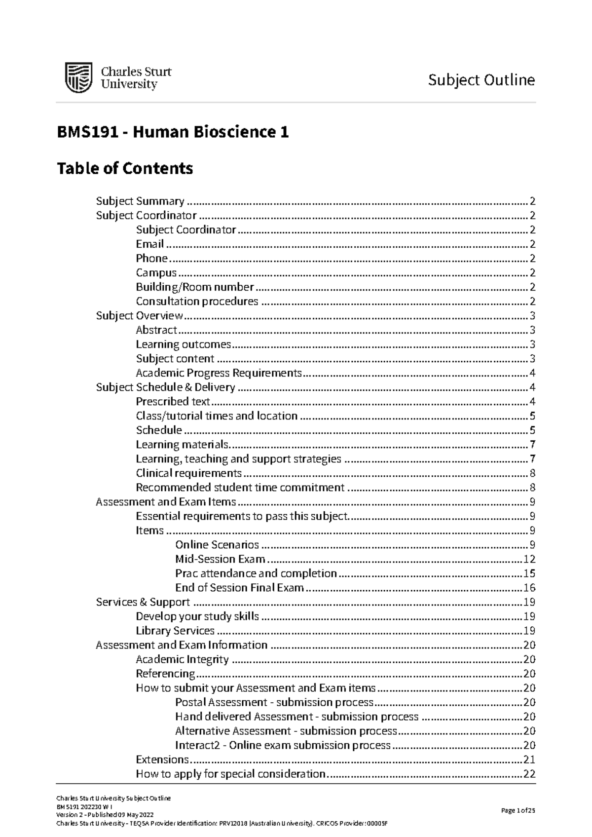 Subject Outline - BMS191 - Subject Outline Charles Sturt University ...