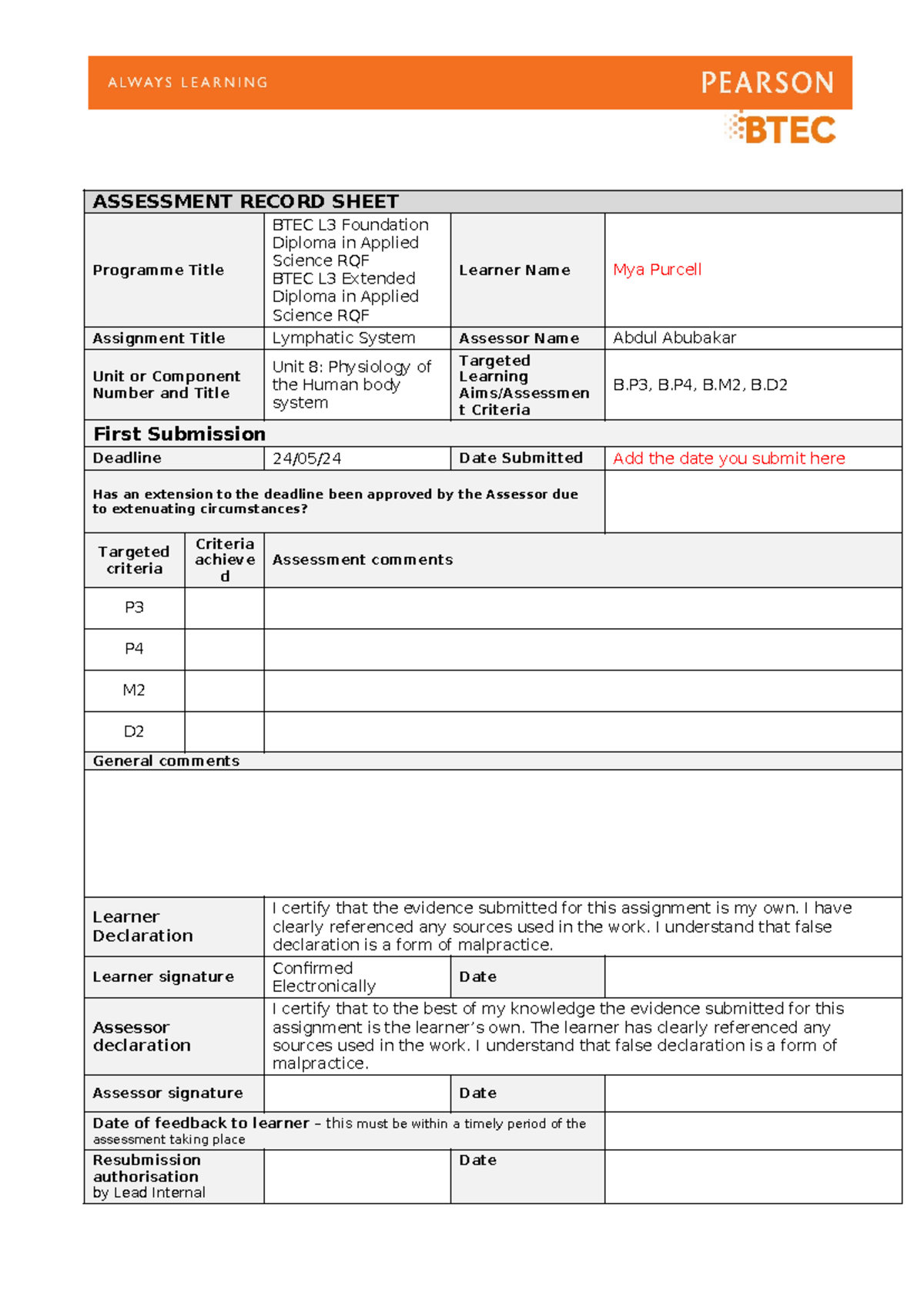 Authorised Assignment 8B - ASSESSMENT RECORD SHEET Programme Title BTEC L3 Foundation Diploma in ...