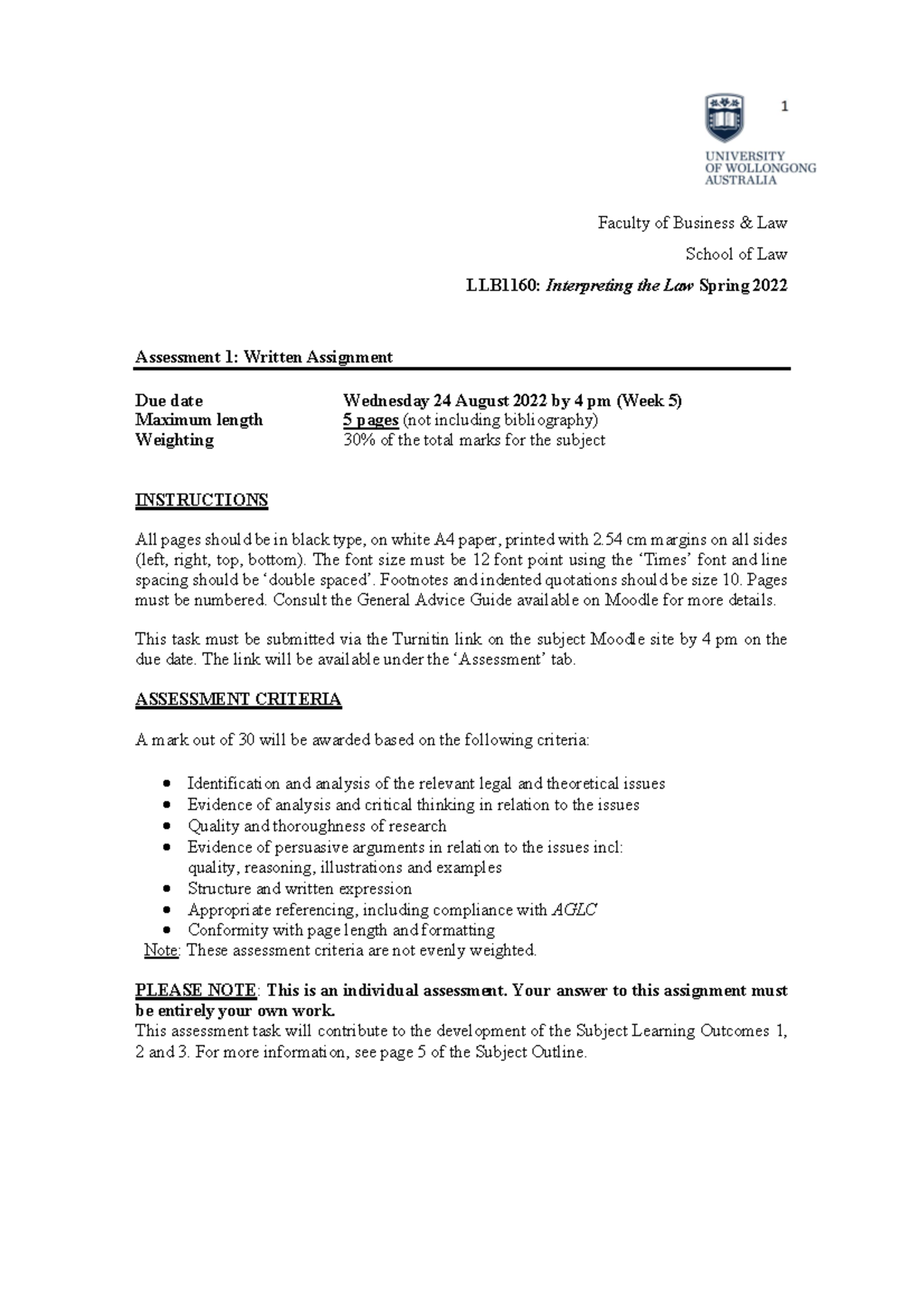 Interpret assignment - 1 Faculty of Business & Law School of Law ...