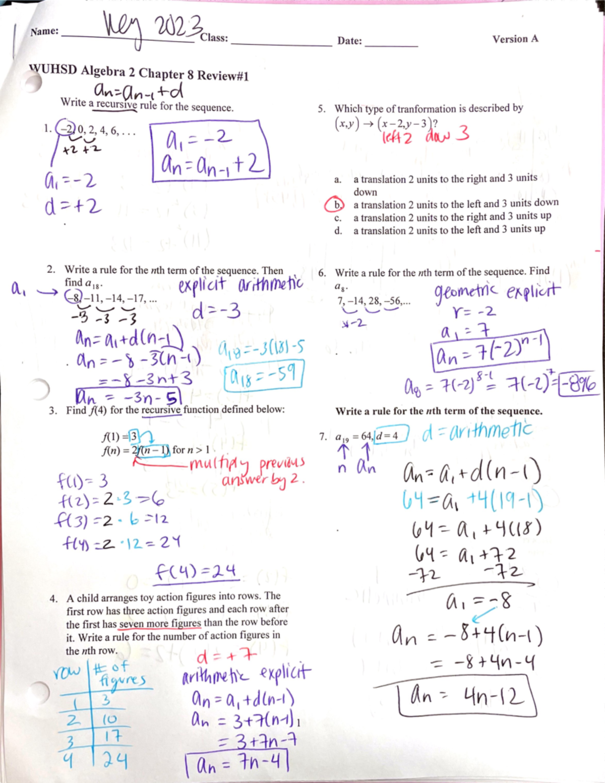 Chapter 8 review key 2023 - Name: Date: Version A WUHSD Algebra 2 ...