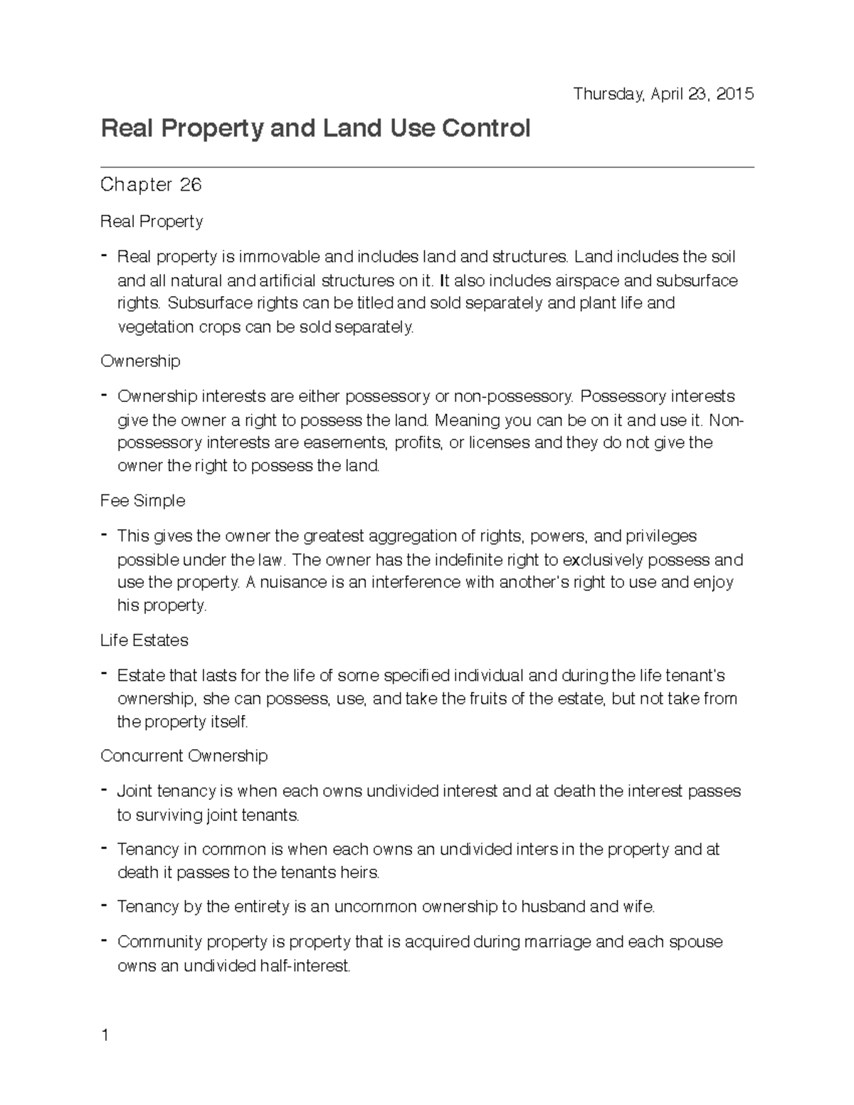 B-Law Chapter 26 - Lecture notes 26 - Real Property and Land Use ...
