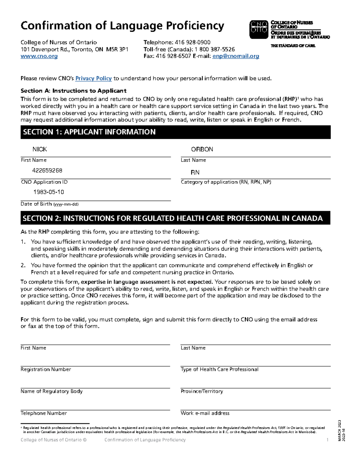 FORMS FOR NURSING LANGUAGE PROFICIENCY IN ONTARIO CANADA - College of ...