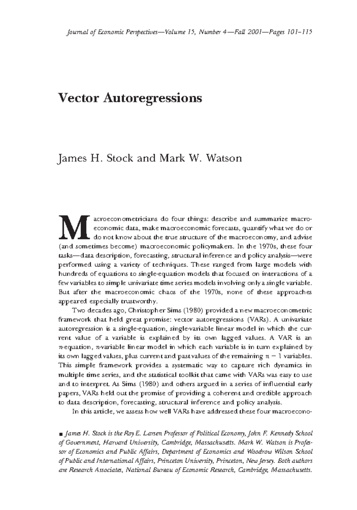 Stock and Watson (2001 ) - Journal of Economic 15, Number 4 Vector ...