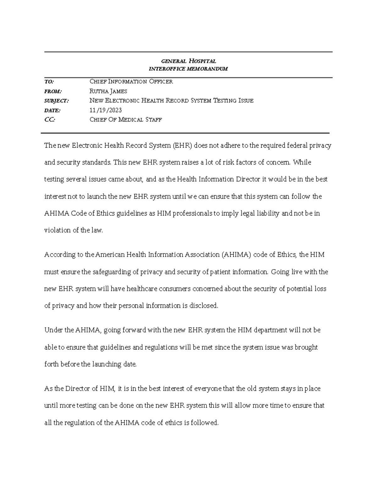 Ethics Memo Template main - GENERAL HOSPITAL INTEROFFICE MEMORANDUM TO ...