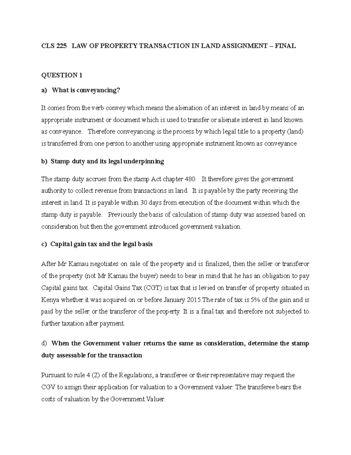 CLS 225 LAW OF Property Transaction IN LAND Assignment - CLS 225 LAW OF ...