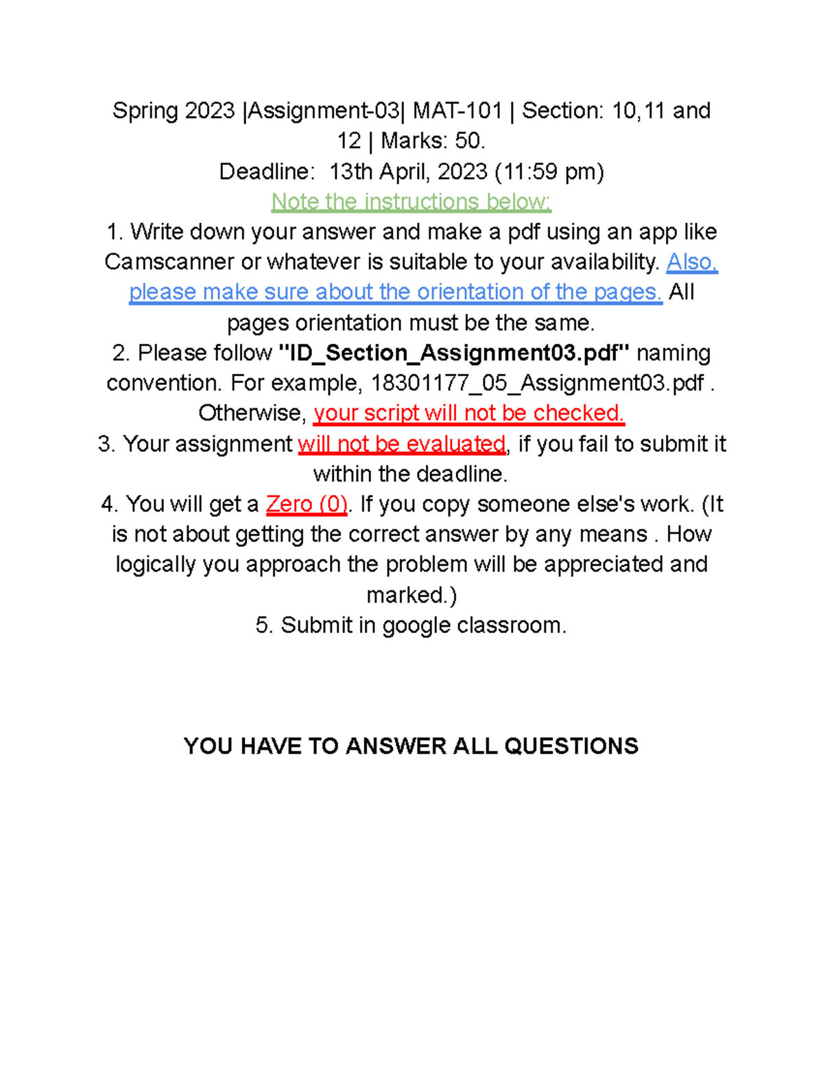 Spring 2023 Assignment-03 MAT-101 Section 10,11 and 12 Marks 50 - Spring 2023 |Assignment-03 ...