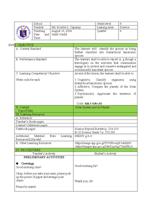 Lesson Plan 8 1 - Science 10 - 7E’s LESSON PLAN in SCIENCE 8 Topic Sub ...