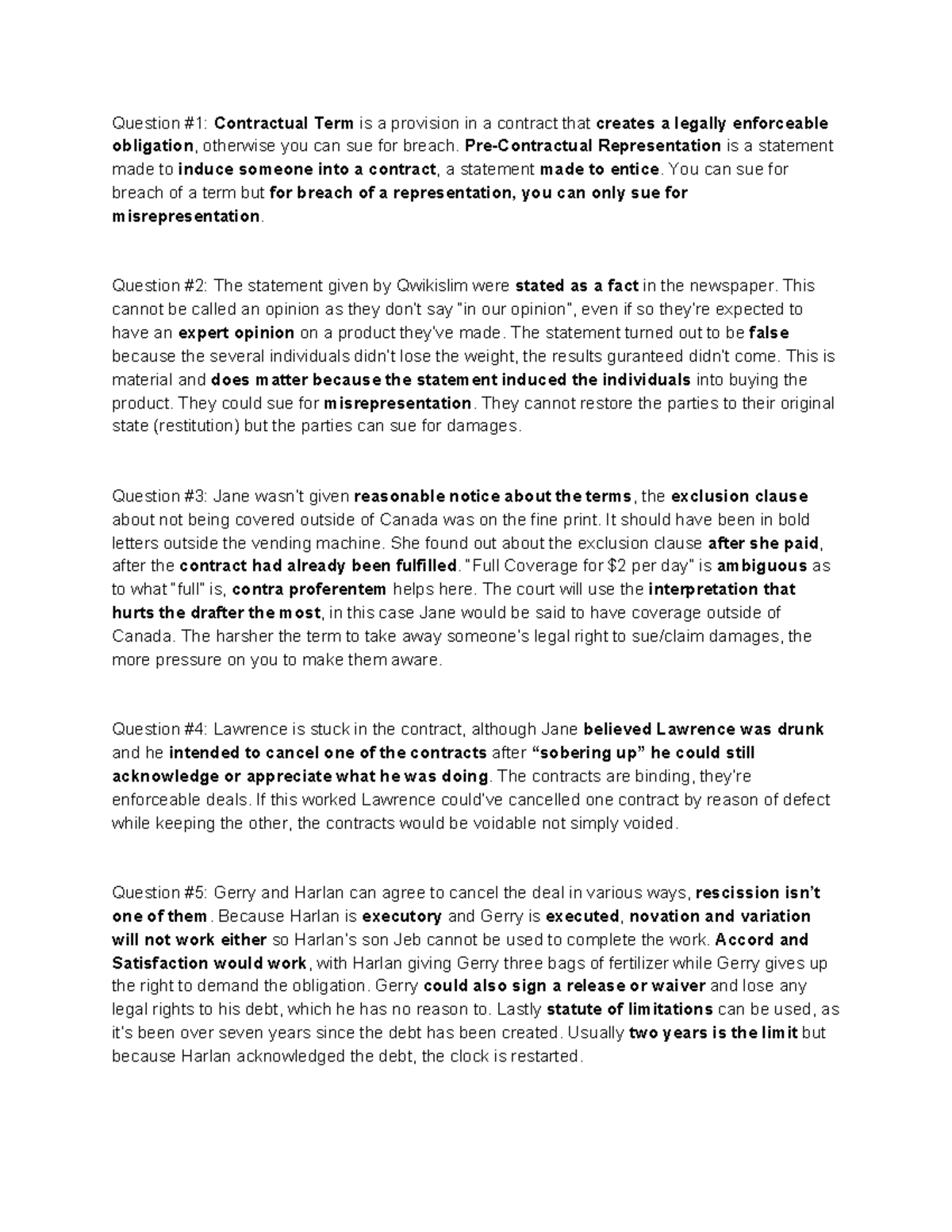 Midterm Review Questions - Question #1: Contractual Term is a provision ...