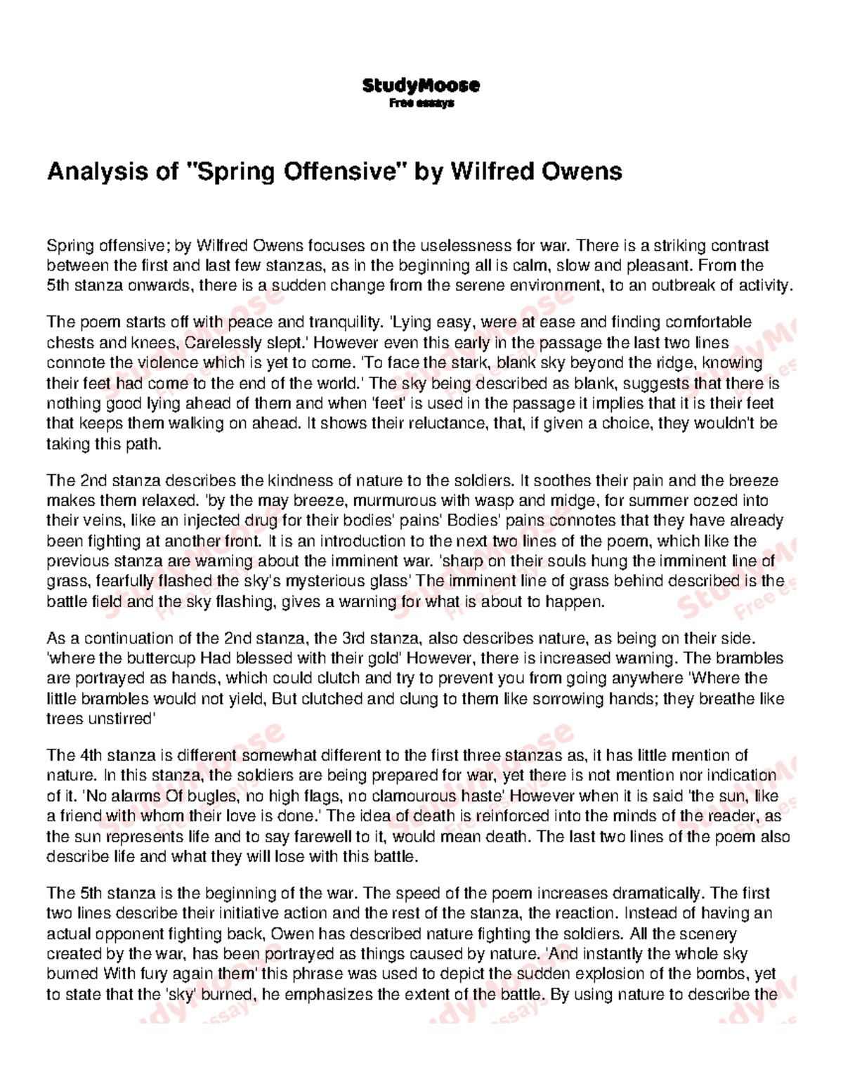 Analysis of Spring Offensive by Wilfred Owens - Analysis of "Spring Offensive" by Wilfred - Studocu