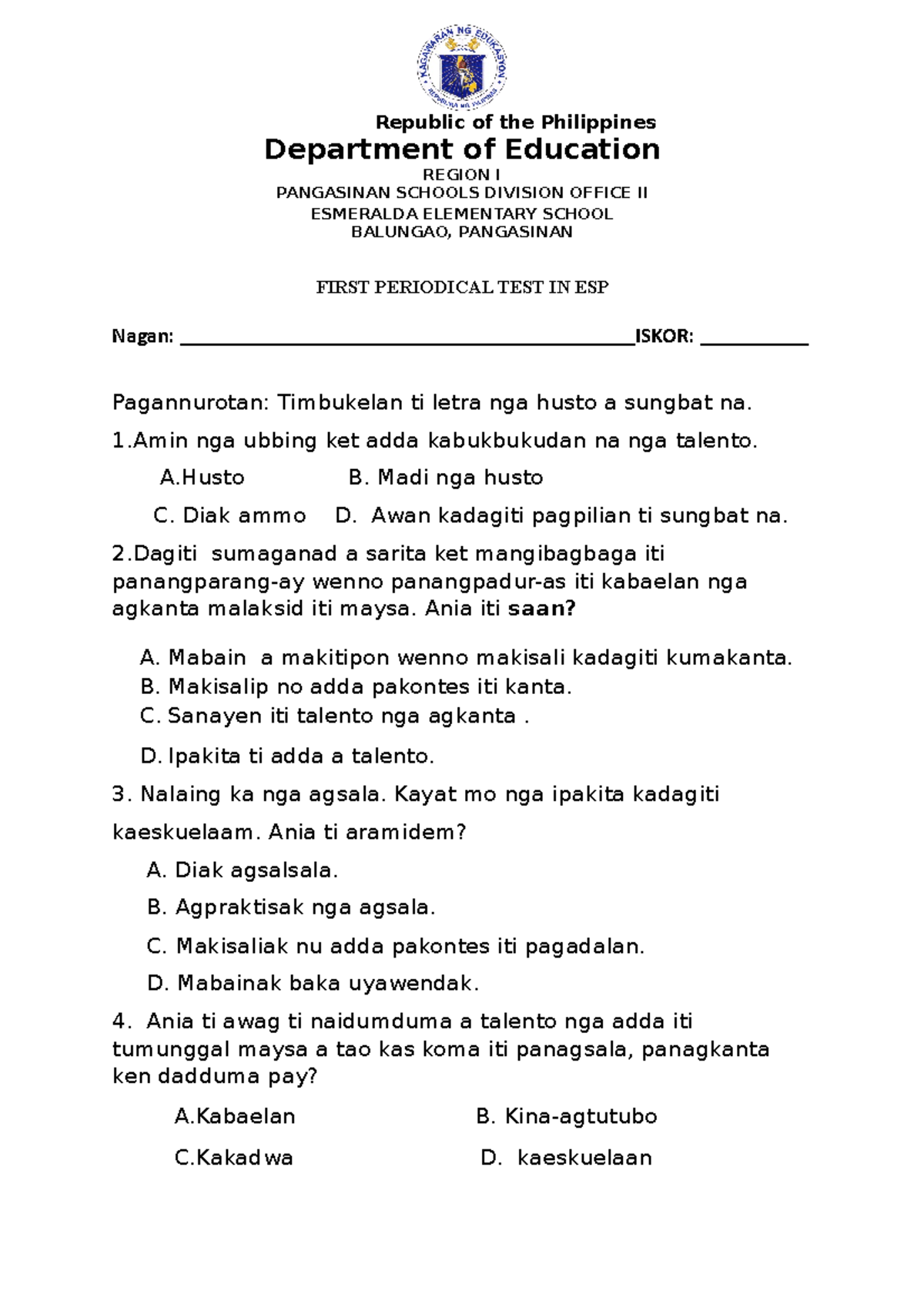 ESP 1ST Periodical TEST 1 - Republic of the Philippines Department of ...