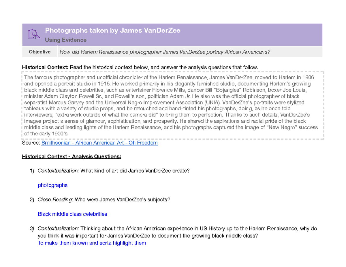 - Copy of Unit 7 Using Evidence Harlem Renaissance James Van Der Zee ...