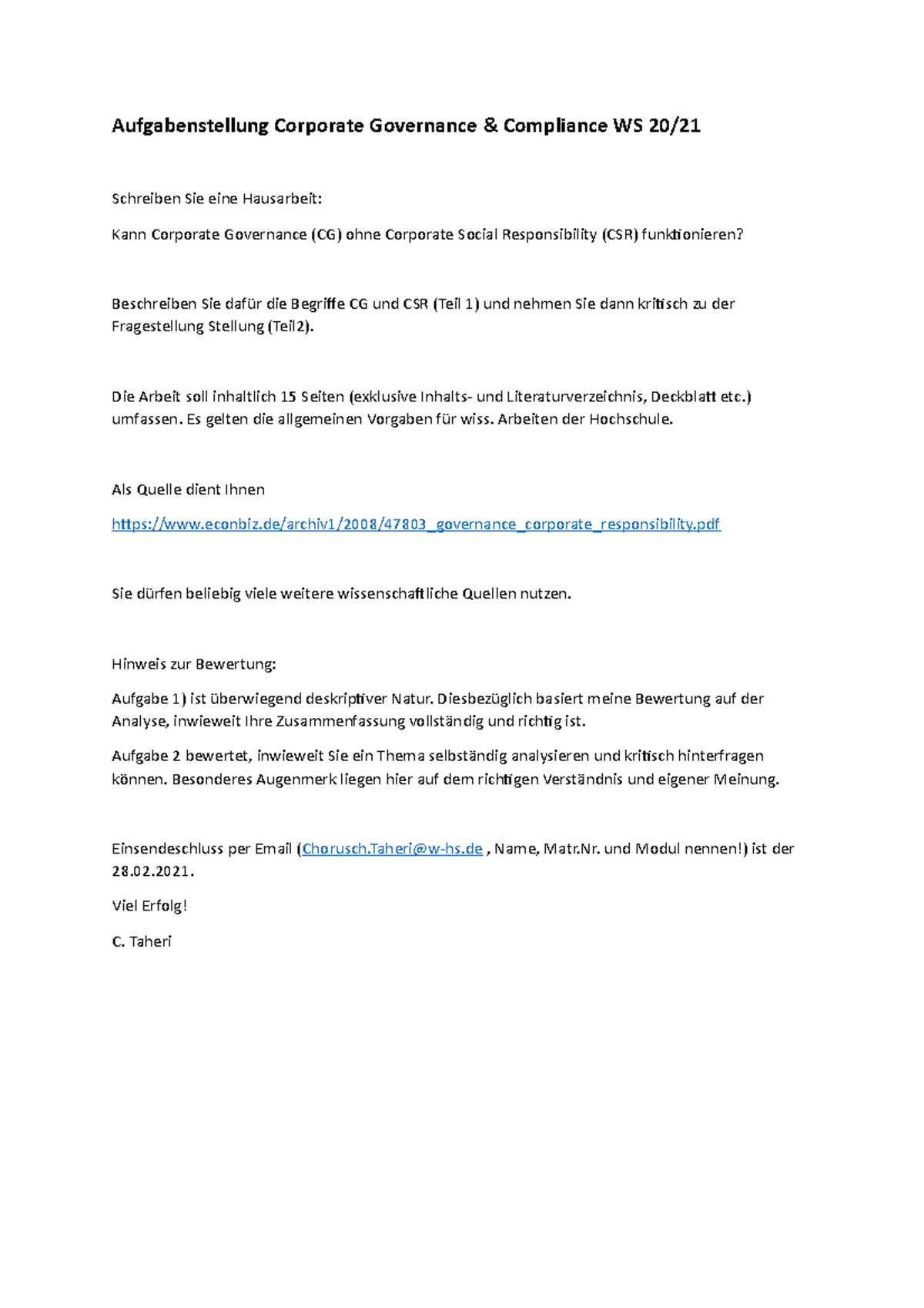 Aufgabenstellung CG und Compliance WS 20 - Aufgabenstellung Corporate ...