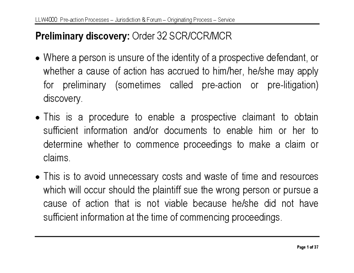 Module 3 Notes - Preliminary discovery: Order 32 SCR/CCR/MCR Where a ...