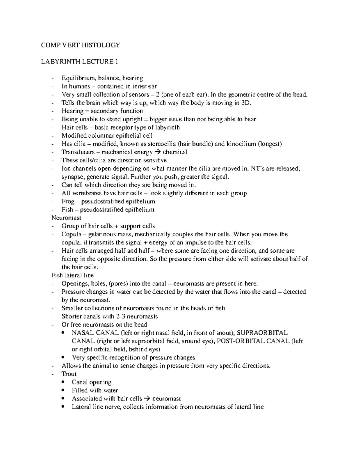 LABYRINTH LECTURE 1 NOTES - COMP VERT HISTOLOGY LABYRINTH LECTURE 1 ...