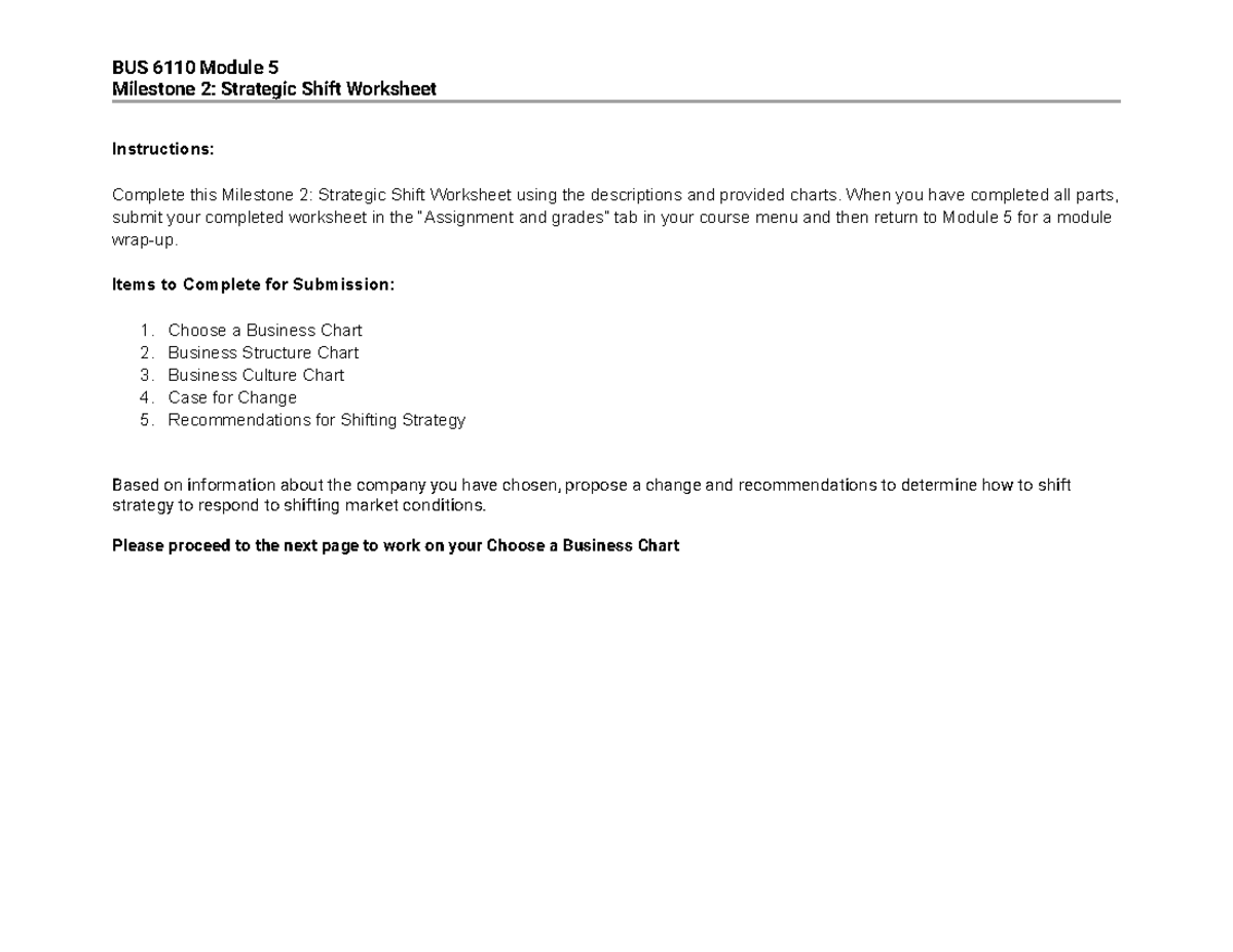 BUS 6110 Milestone 2 Strategic Shift Worksheet - Milestone 2: Strategic ...