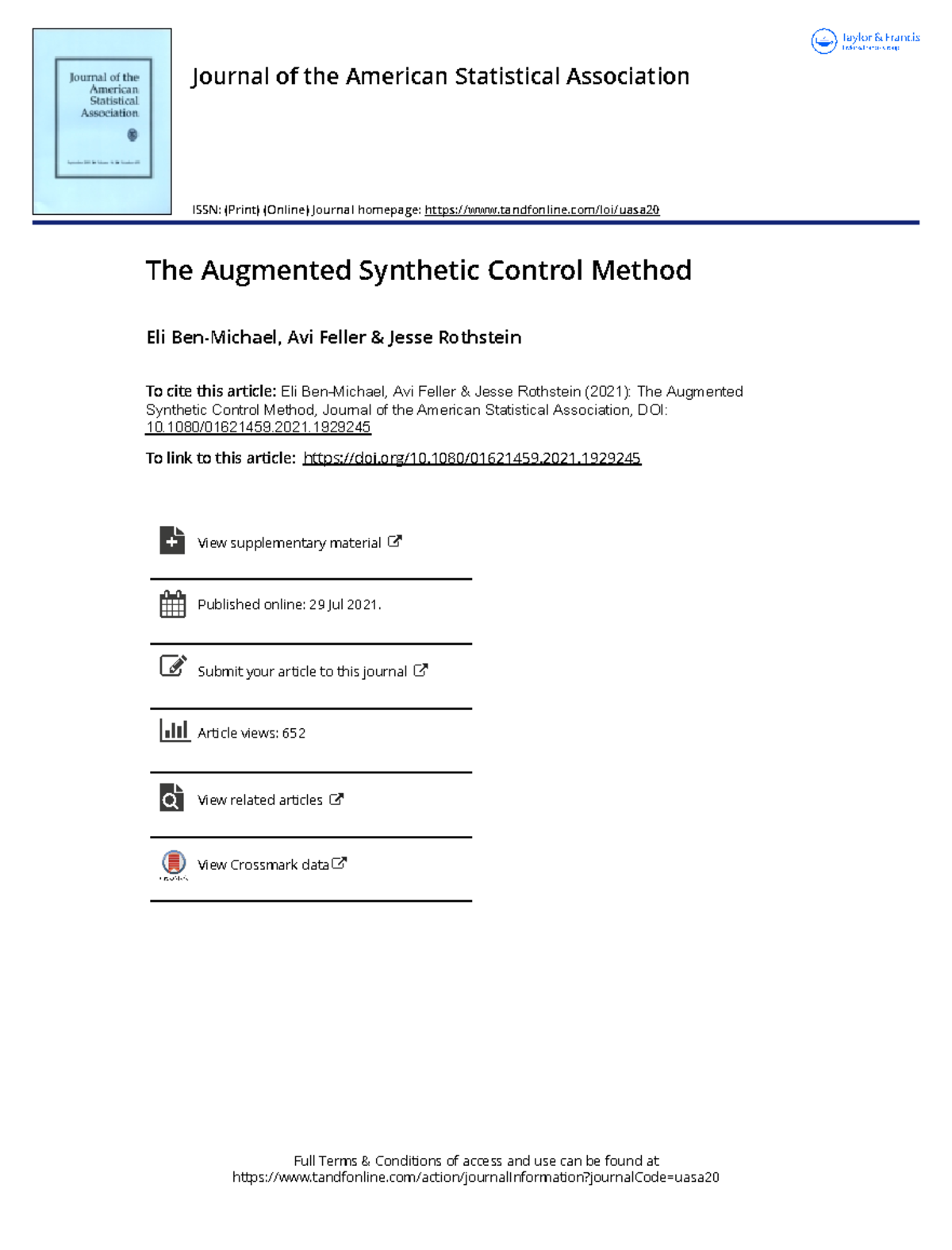 Ben-michael 2021 - The Augmented Synthetic Control Method - Full Terms ...