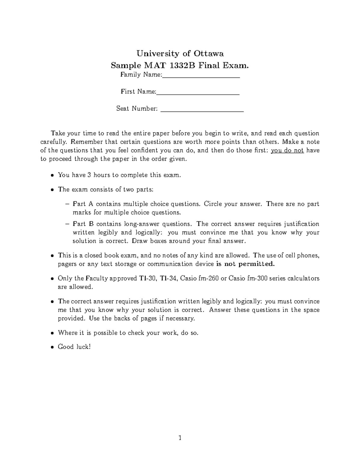 Samplefinal A solutions - University of Ottawa Sample MAT 1332B Final ...