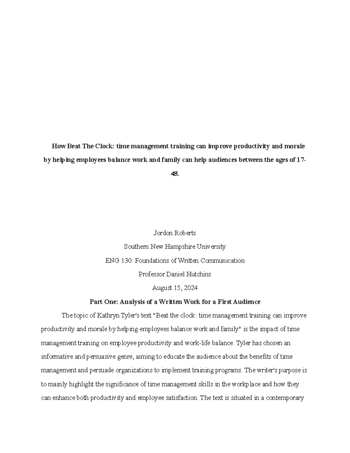 ENG 130 Project APA Template Jordon - How Beat The Clock: time ...