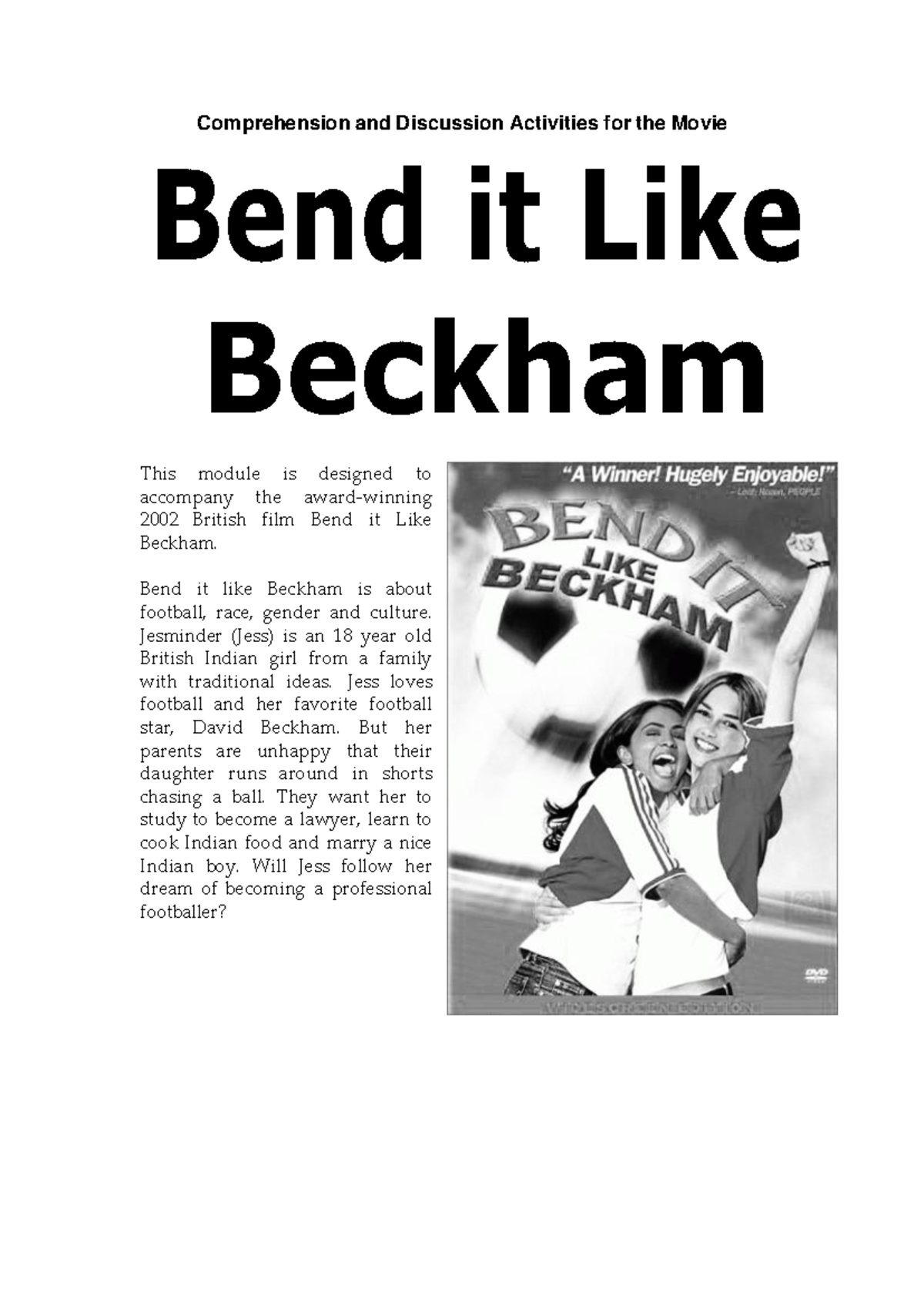 Bend-it-like-Beckham - Comprehension and Discussion Activities for the ...