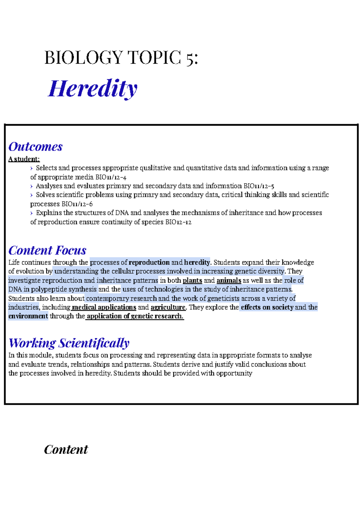 Module 5 Notes strcuture - BIOLOGY TOPIC 5: Heredity Outcomes A student ...