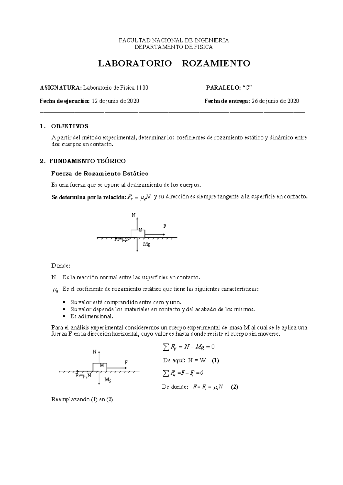 Lab fis 1100 rozamiento - FACULTAD NACIONAL DE INGENIERIA DEPARTAMENTO DE FISICA LABORATORIO ...