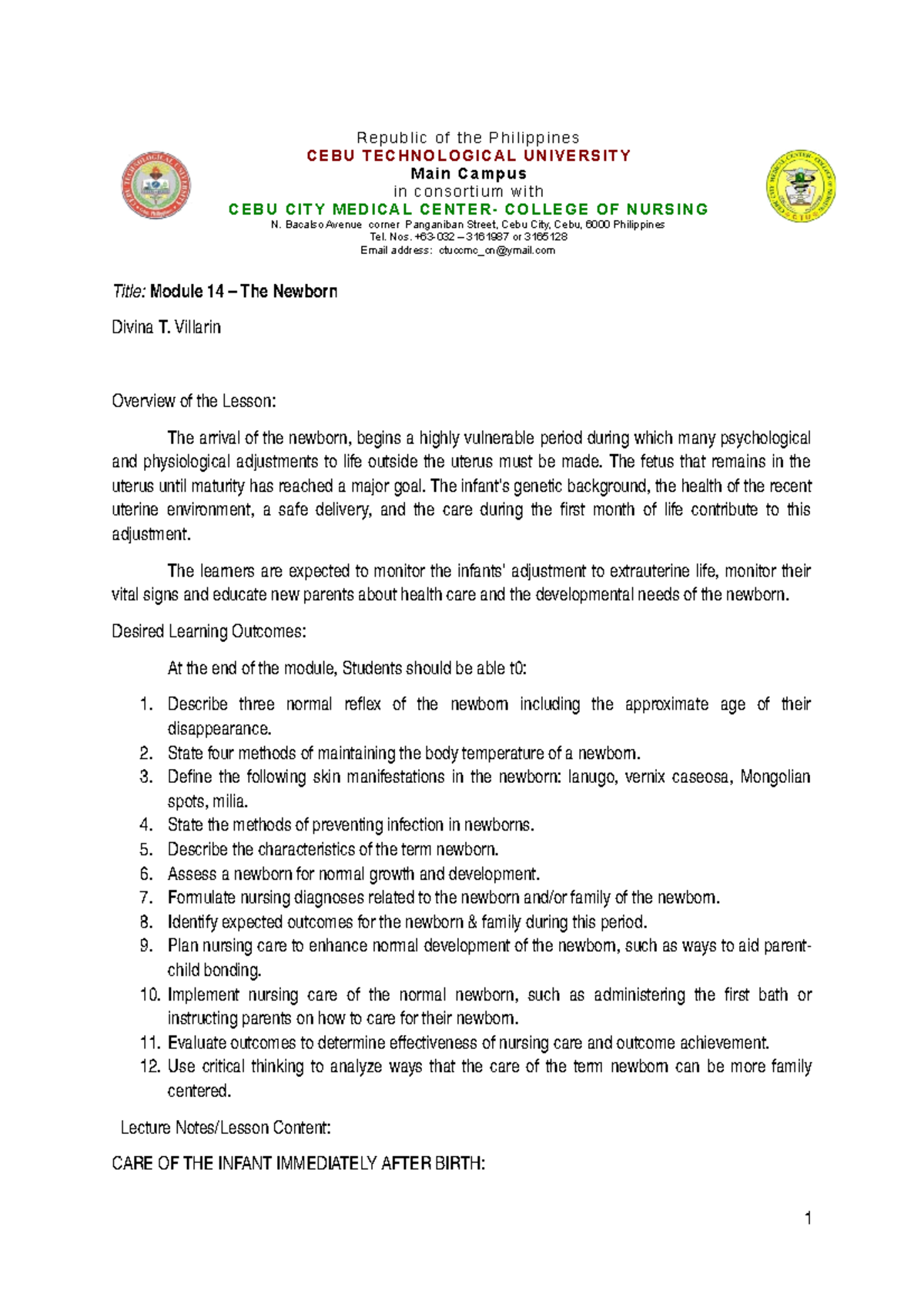 Module 14 the newborn - Title: Module 14 – The Newborn Divina T ...
