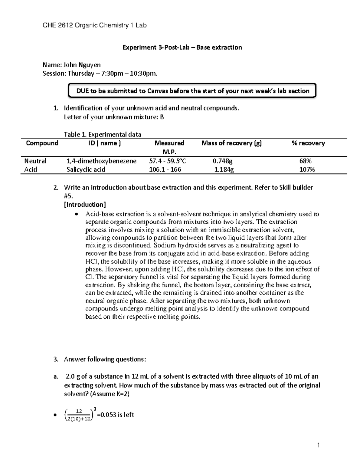 Exp3-Post-lab-base extraction - CHE 2612 Organic Chemistry 1 Lab 1 Experiment 3 - Post-Lab ...
