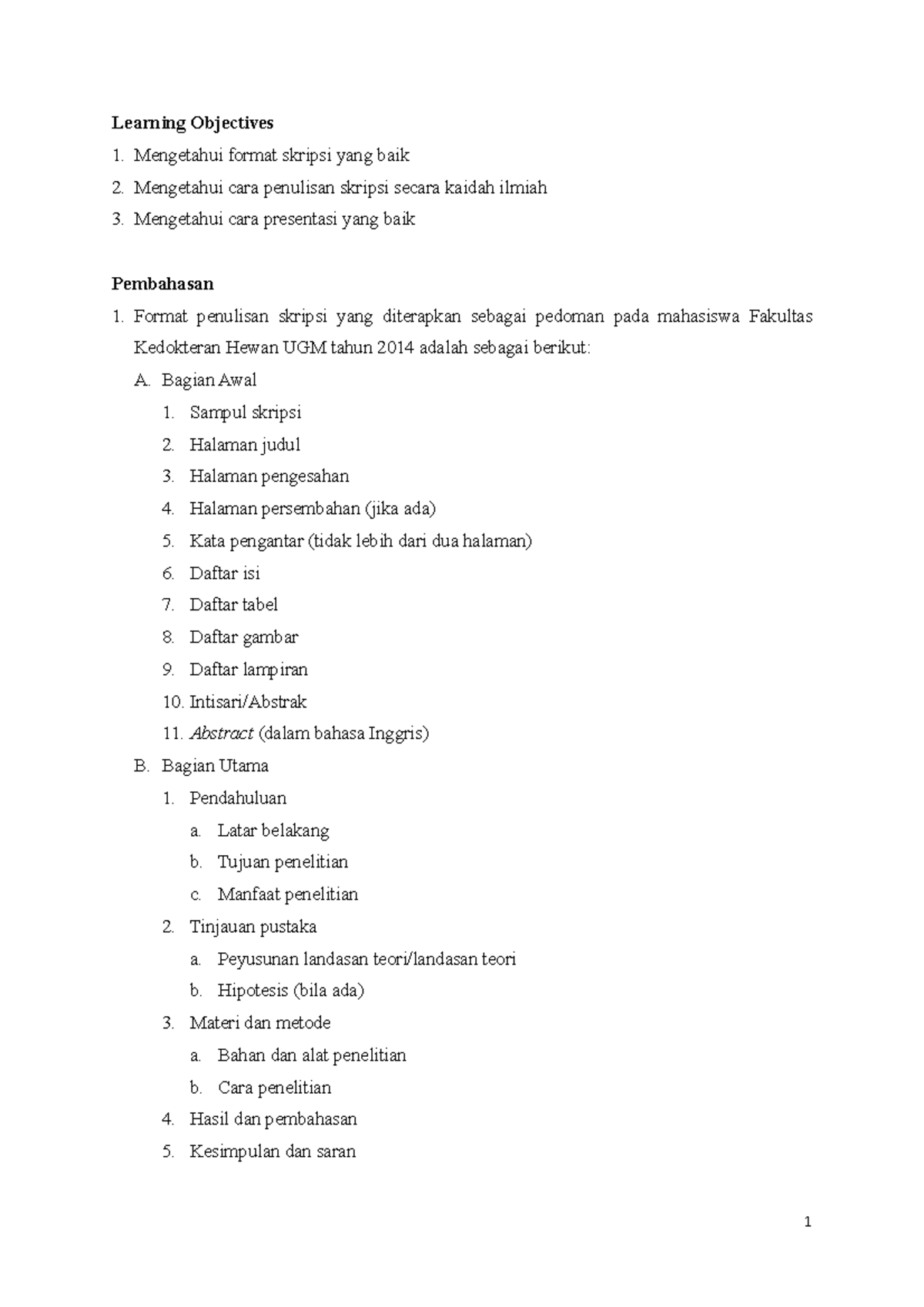 Penulisan Skripsi - Learning Objectives 1. Mengetahui format skripsi ...