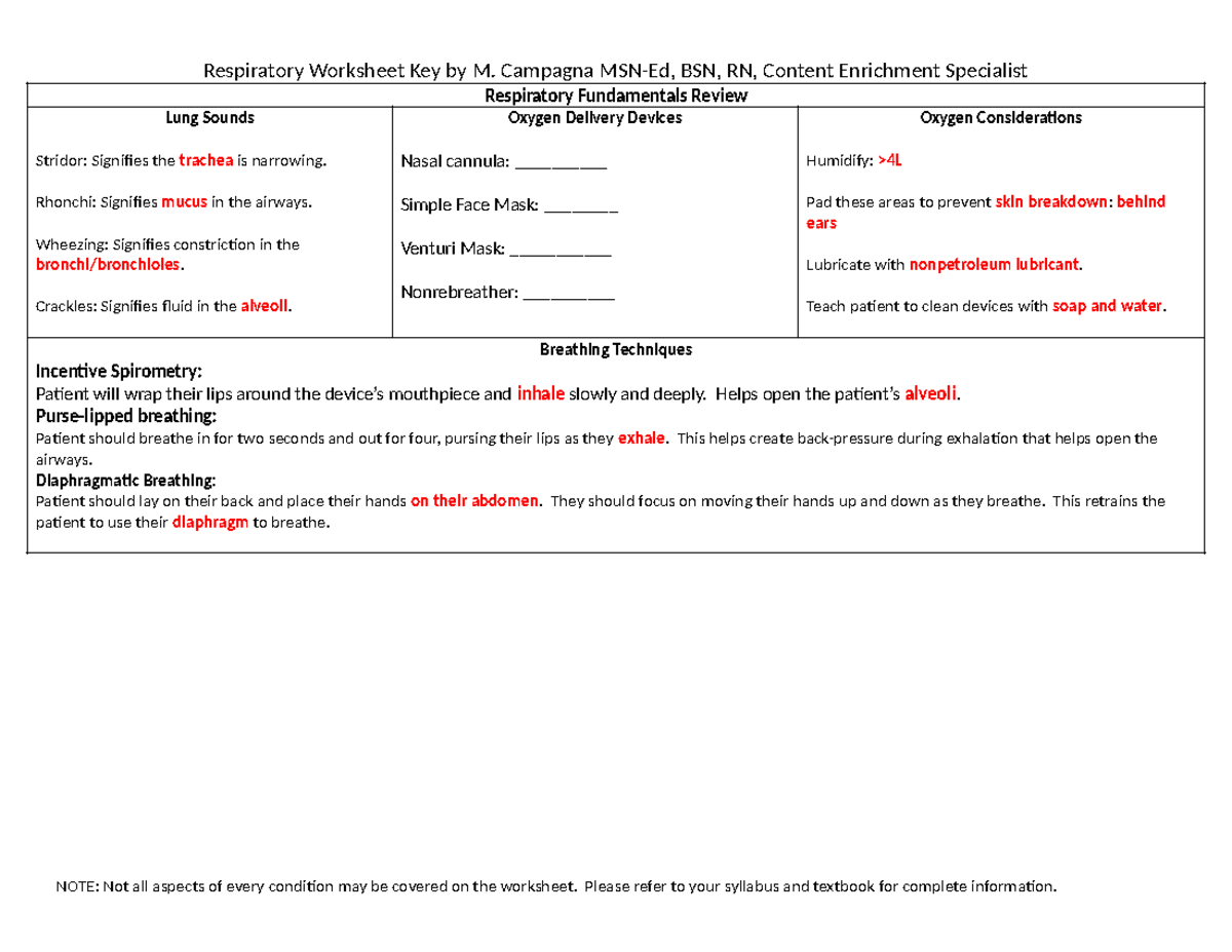 Respiratory Worksheet 170-242 KEY - Respiratory Fundamentals Review ...