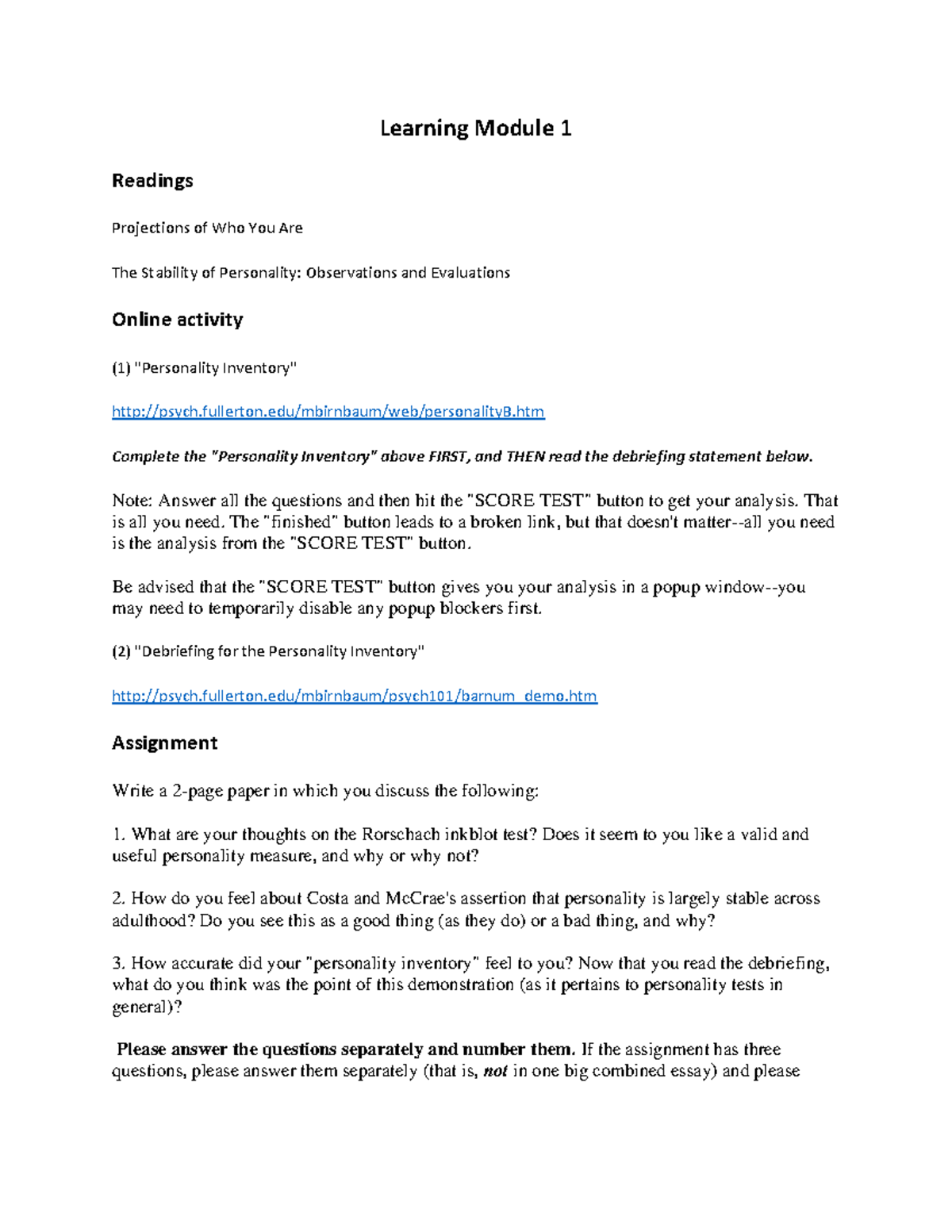 Learning Module 1 guidelines - Learning Module 1 Readings Projections of Who You Are The ...