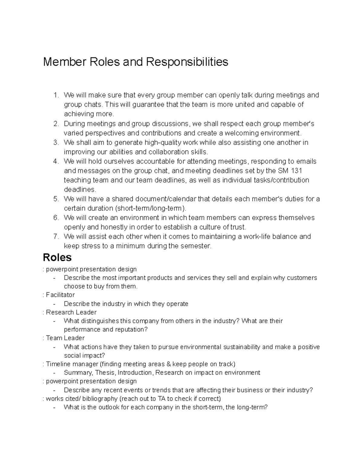 Team compact - Member Roles and Responsibilities 1. We will make sure ...
