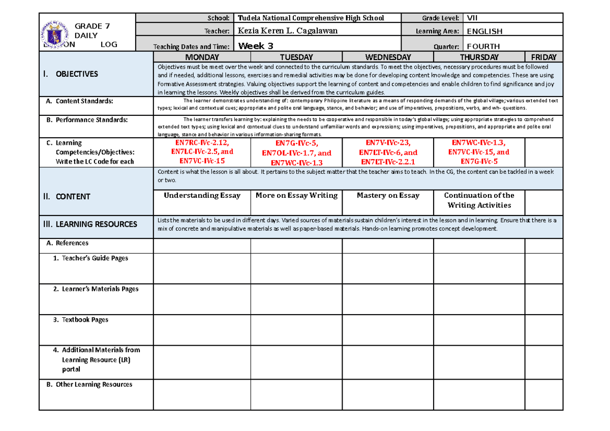 DLL 4th Qrtr Week 3 - Lesson Guide - GRADE 7 DAILY LESSON LOG School ...