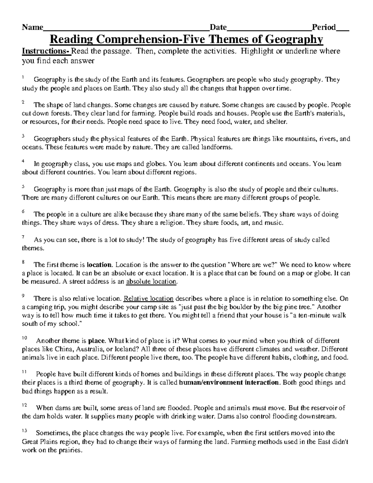 Reading comp-five themes of geography - - Studocu