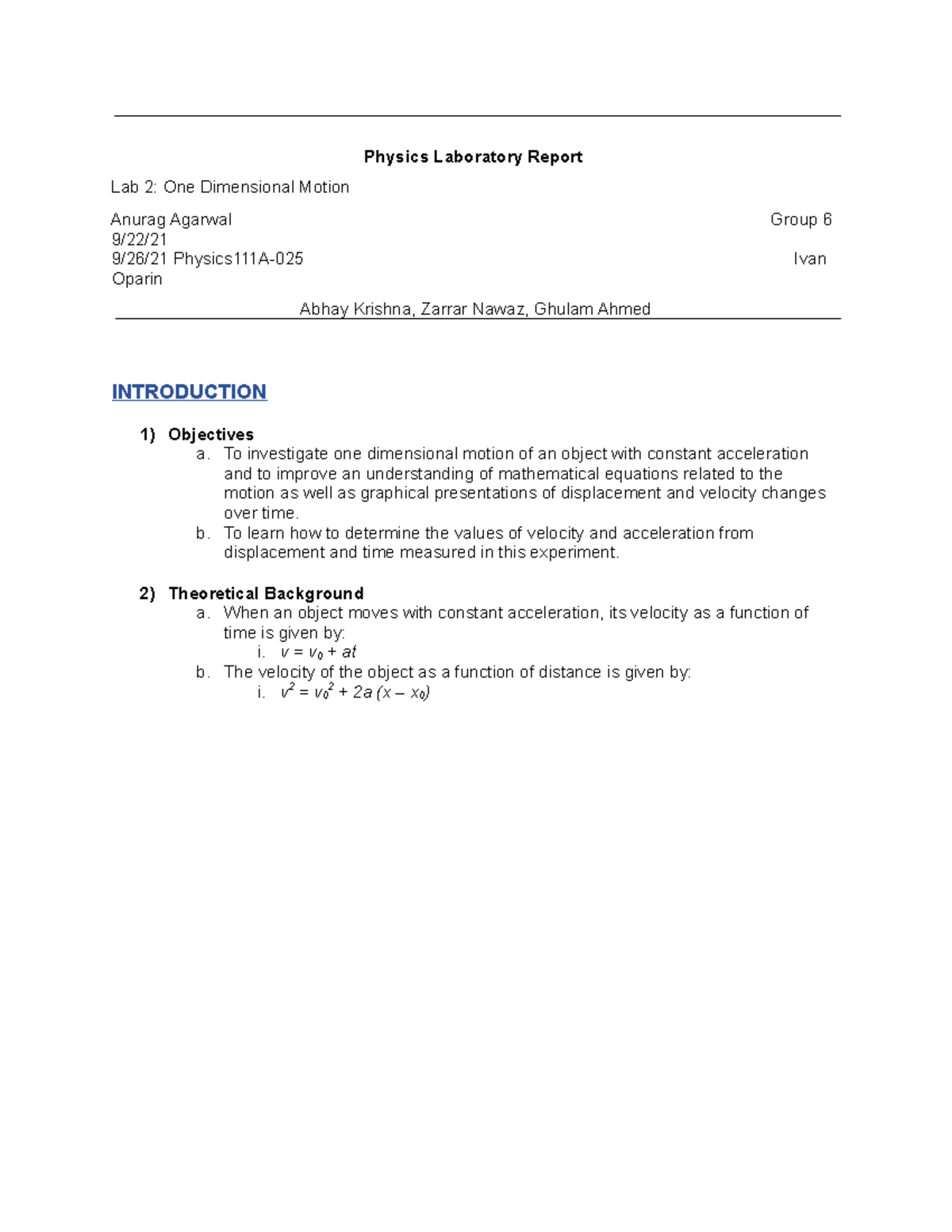 Physics Lab 02Fin - Physics Laboratory Report Lab 2: One Dimensional ...