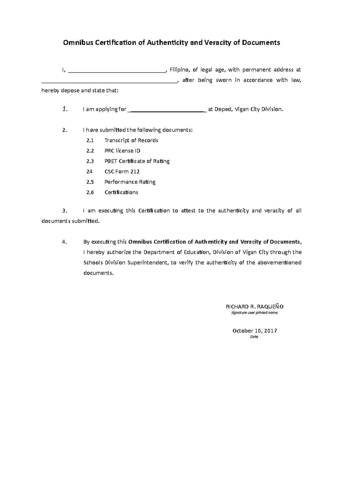 Omnibus Certification of Authenticity and Veracity of Documents - I am ...