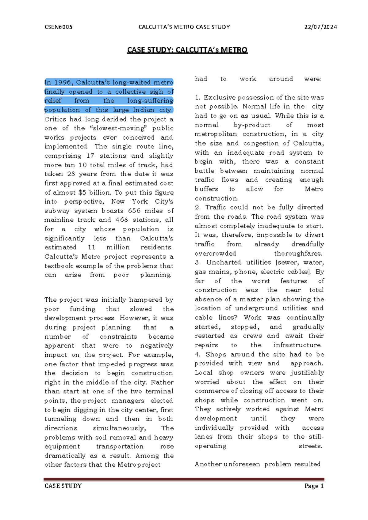 CSEN6005 Calcutta Metro Case Study - CSEN6005 CALCUTTA’S METRO CASE STUDY 22/07/ CASE STUDY Page ...
