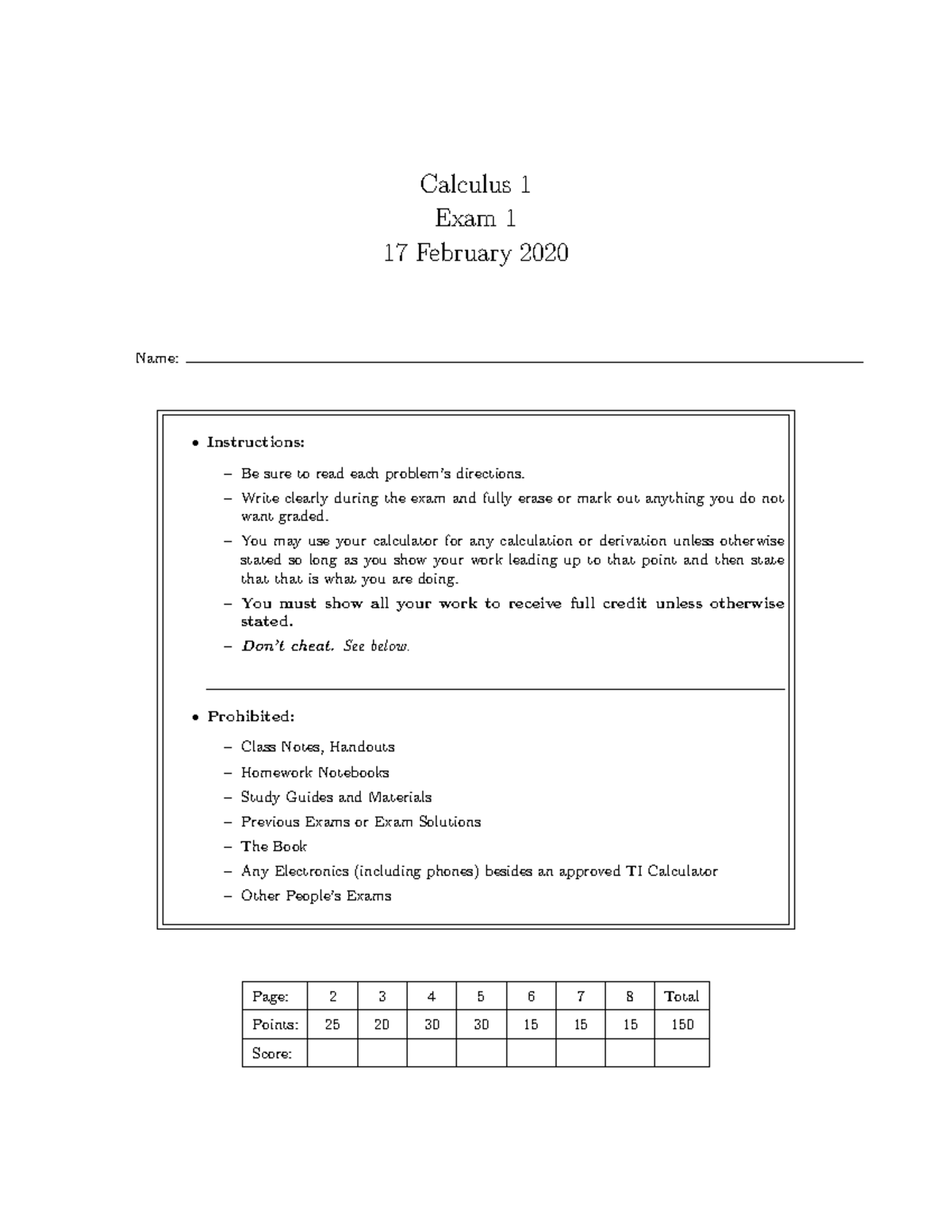 Practice Exam1 - biochem - Calculus 1 Exam 1 17 February 2020 Name ...