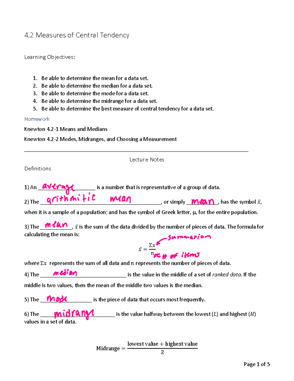 module four pt 2 - 4 Measures of Central Tendency Learning Objectives ...