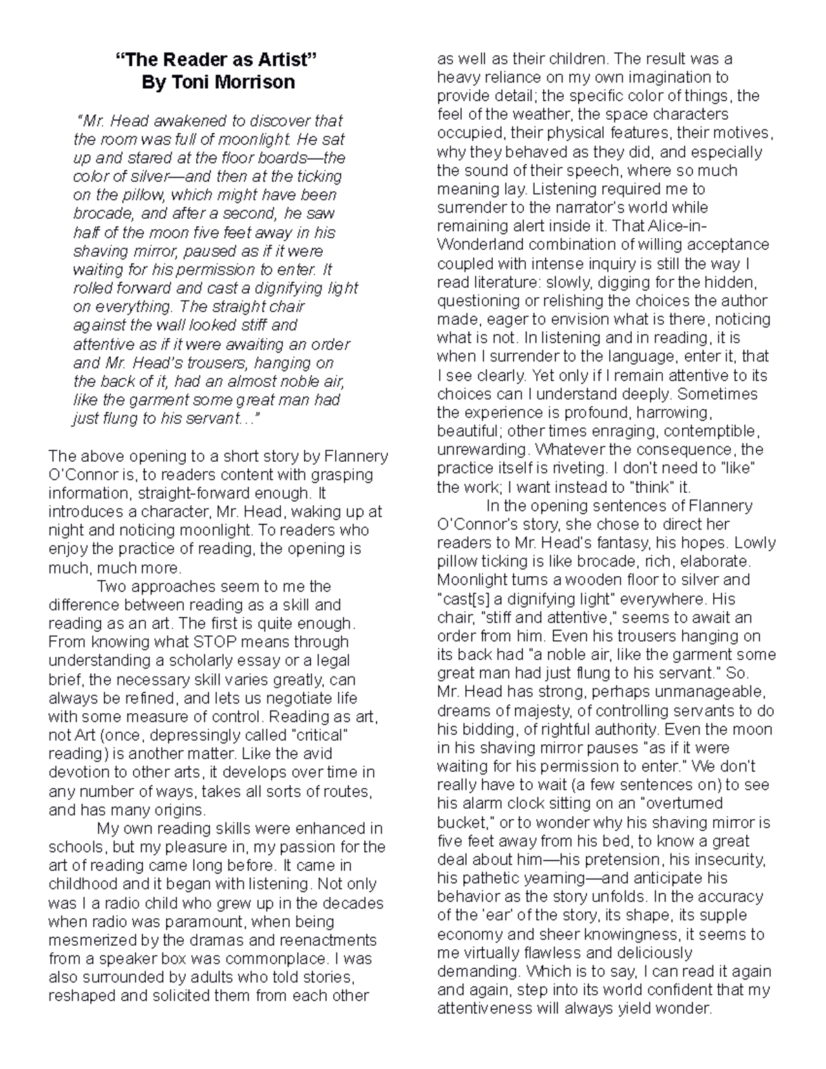 The Reader as Artist - “The Reader as Artist” By Toni Morrison “Mr ...