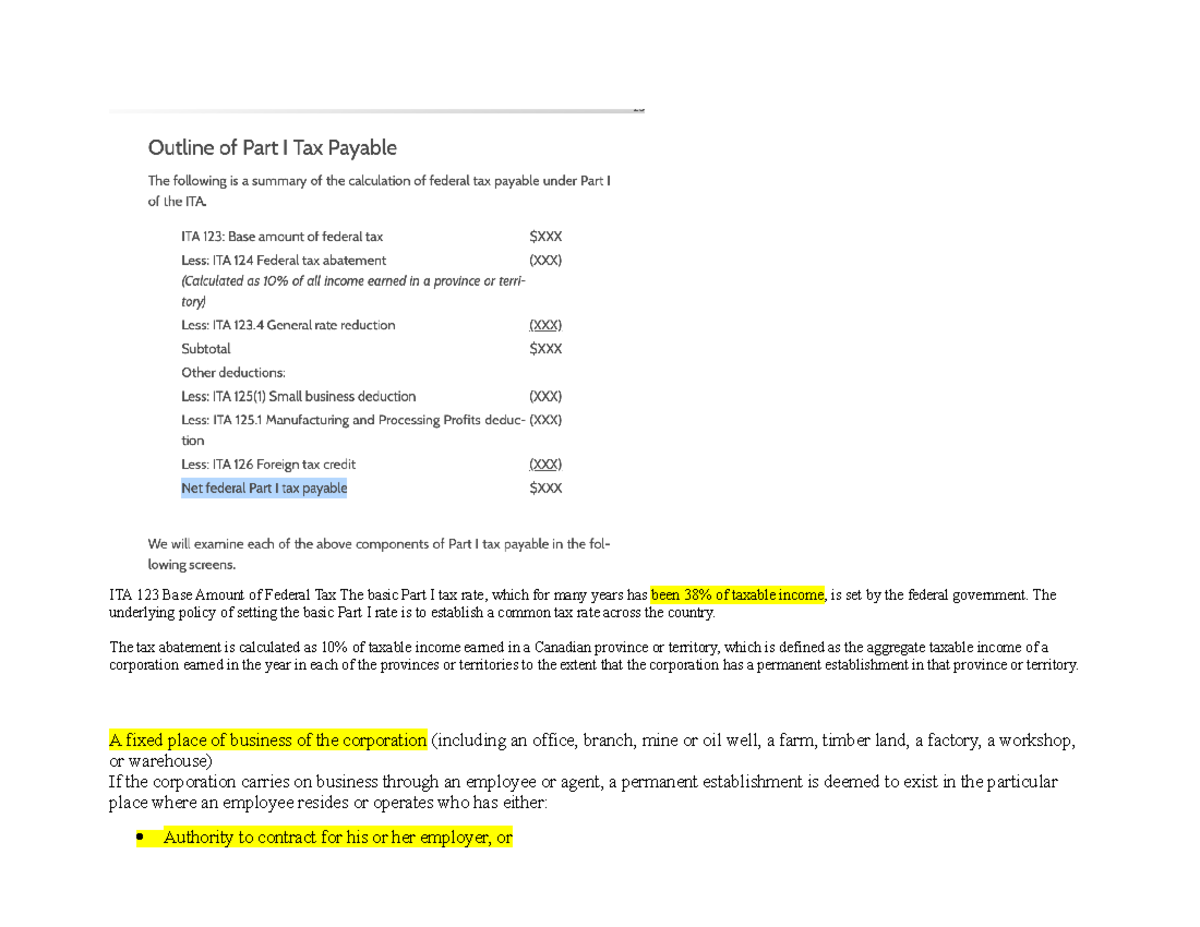 Tax notes - ITA 123 Base Amount of Federal Tax The basic Part I tax ...